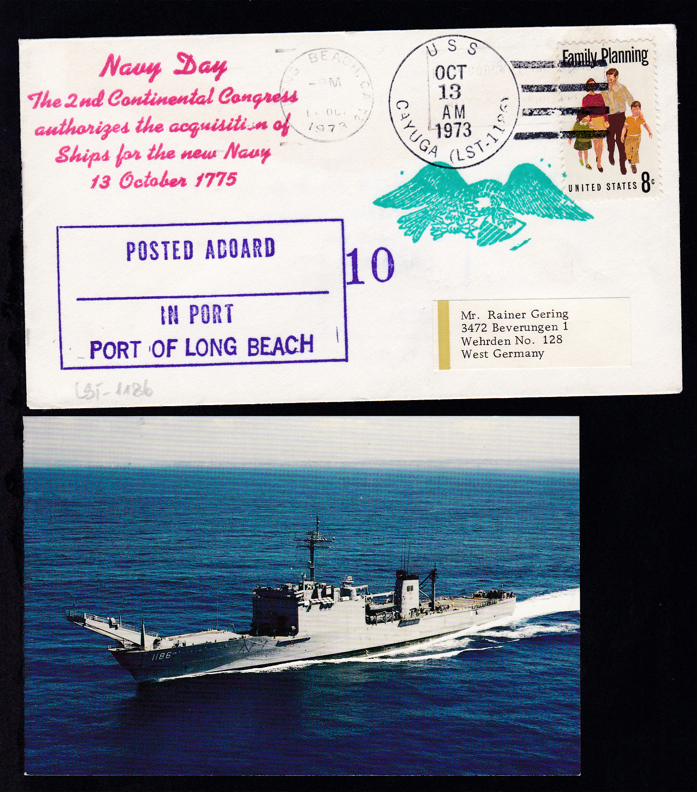 USS CAYUGA (LST-1186) OCT 13 1973 + Cachet auf Brief, dazu CAK des ...